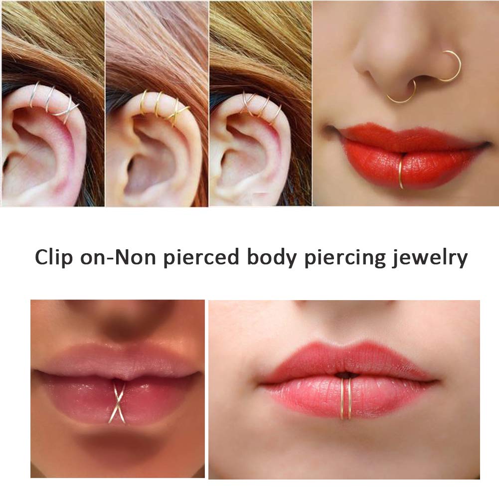 FECTAS 20G Fake Lip Rings Cartilage Earrings Ear Cuff Non-Pierced Clip On Faux Nose Ring Silver