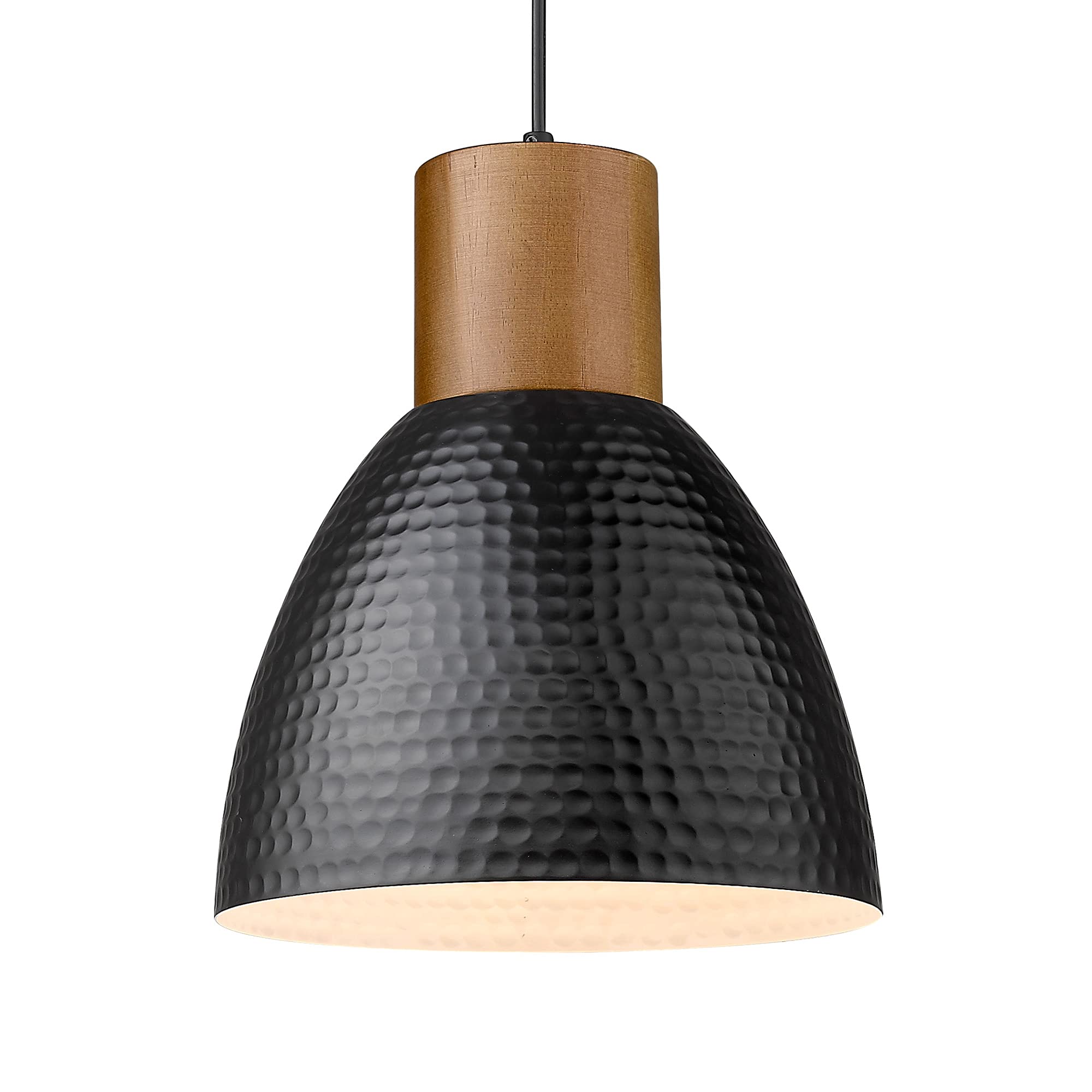 ELYONA Industrial Pendant Light, Hammered Hanging Lamp with Solid Wood & Metal Shade, Modern Pendant Light Fixtures for Kitchen Island, Bar, Farmhouse Dining Room, Bedroom, Living Room - Black