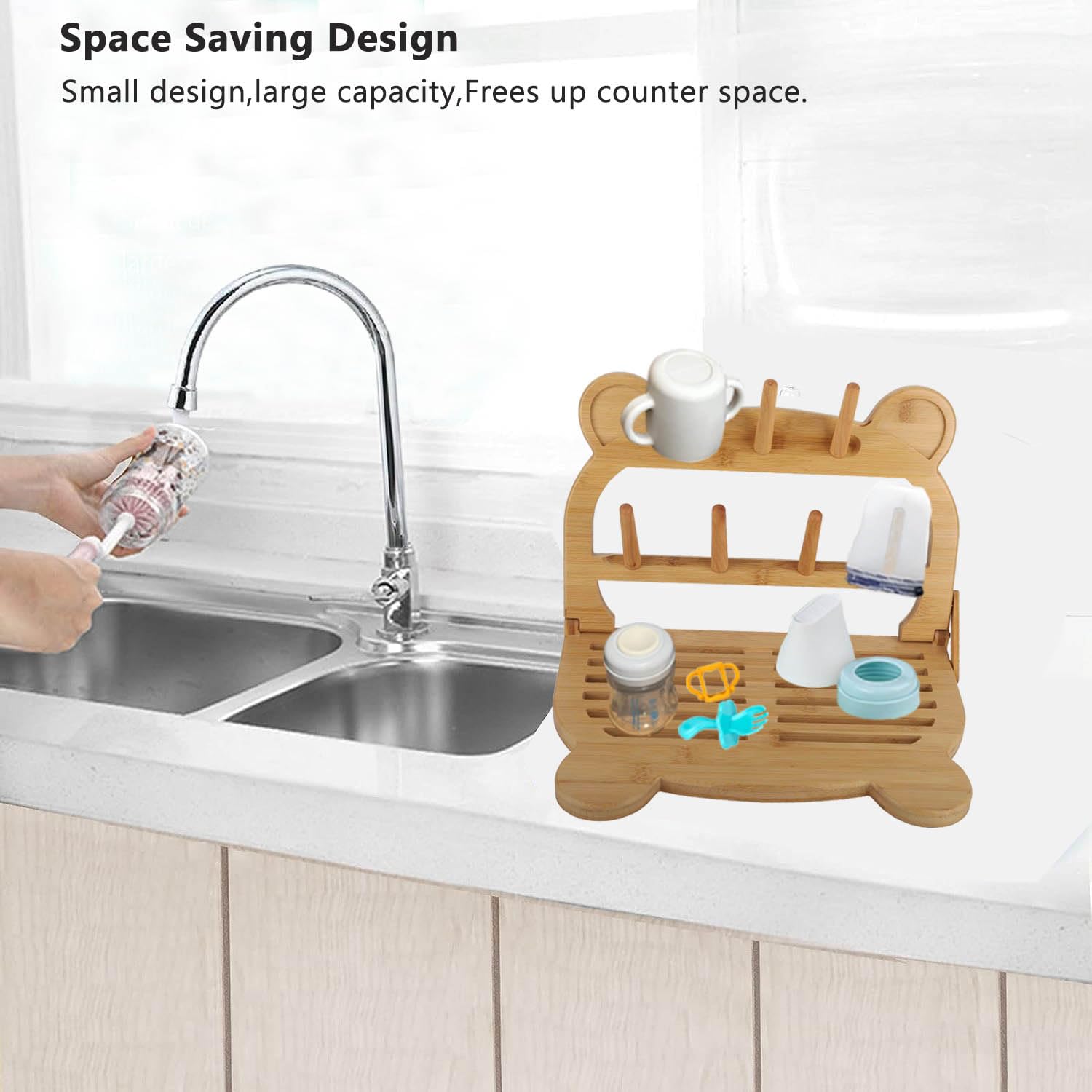 Eforwest Baby Bottle Drying Rack Bamboo, Space Saving Countertop Drying Rack Waterproof Bottle Dryer Holder with Anti-Slip Rubber Pad for Bottles, Nipples, Pump Parts, Cups
