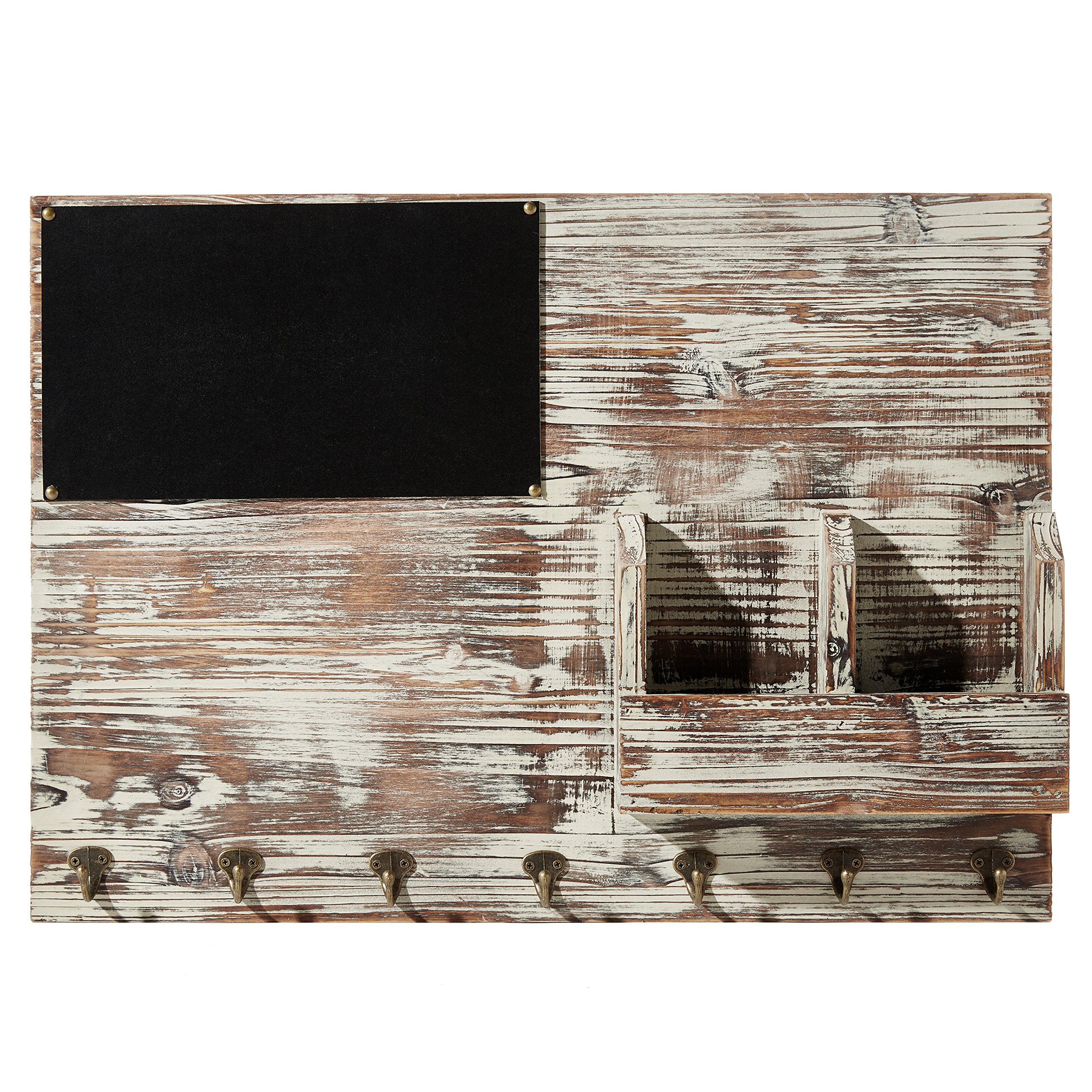 MyGift Torched Wood Wall Mounted Entryway Key Hook Rack, All-in-One Organizer with Chalkboard, Memo Clips, Mail Sorter and Hanging Hooks