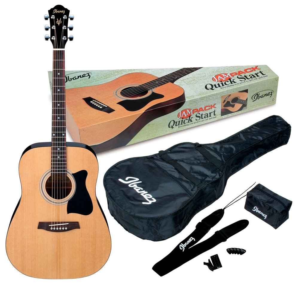 Ibanez 6 String Acoustic Guitar Pack, Ambidextrous, Natural Gloss (IJV50)