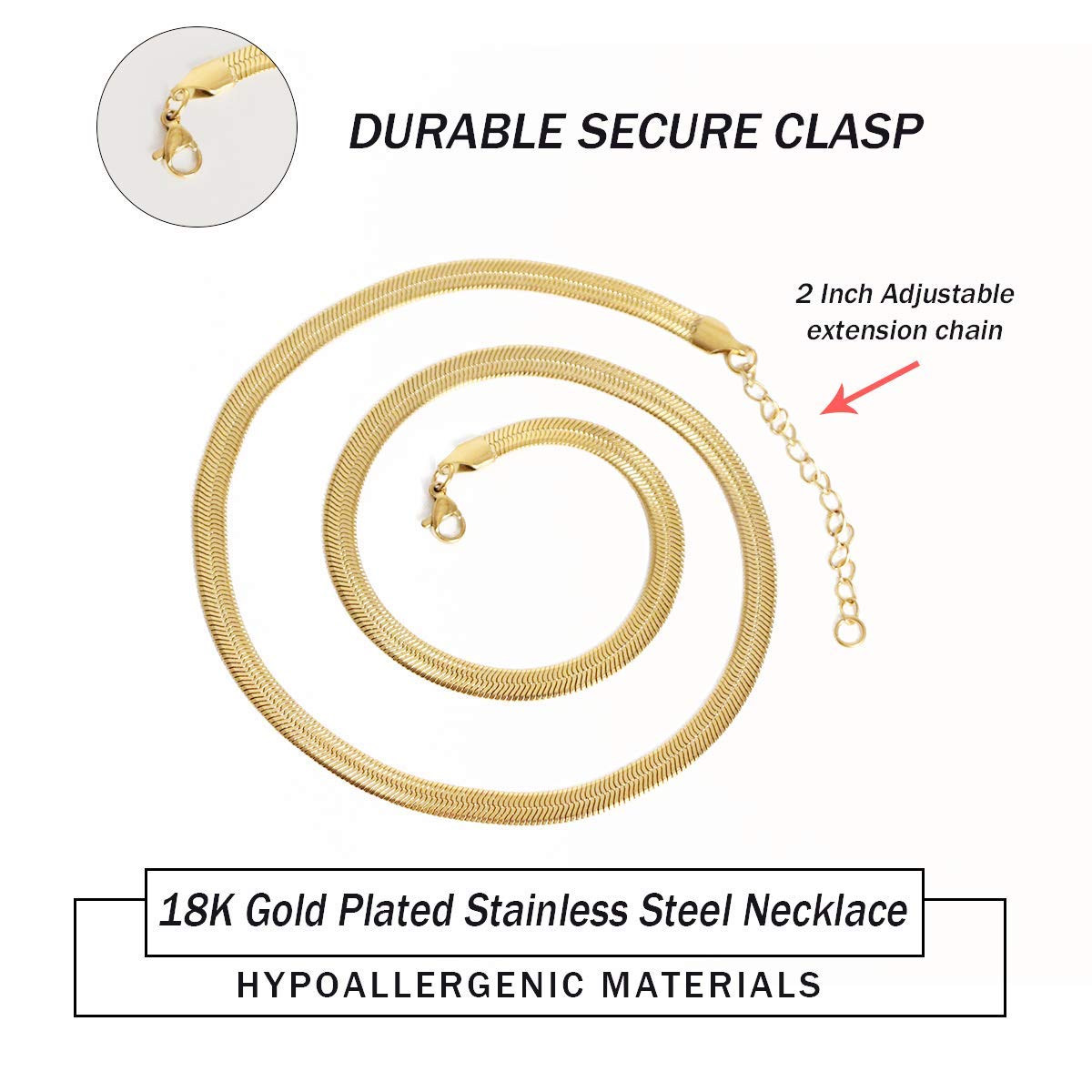 EMATU 18k Real Gold Plated Flat Snake Chain Herringbone Choker Necklace for Women (5MM 16")