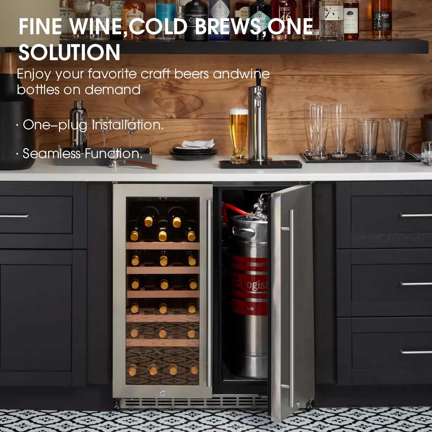 HCK Wine Cooler Fridge and Kegerator 2in1 Outdoor Refrigerator,Cellar Freestanding Refrigerator and keg fridge with tap with Digital Touch Display & Stainless Steel & Triple-Layer Tempered Glass Door