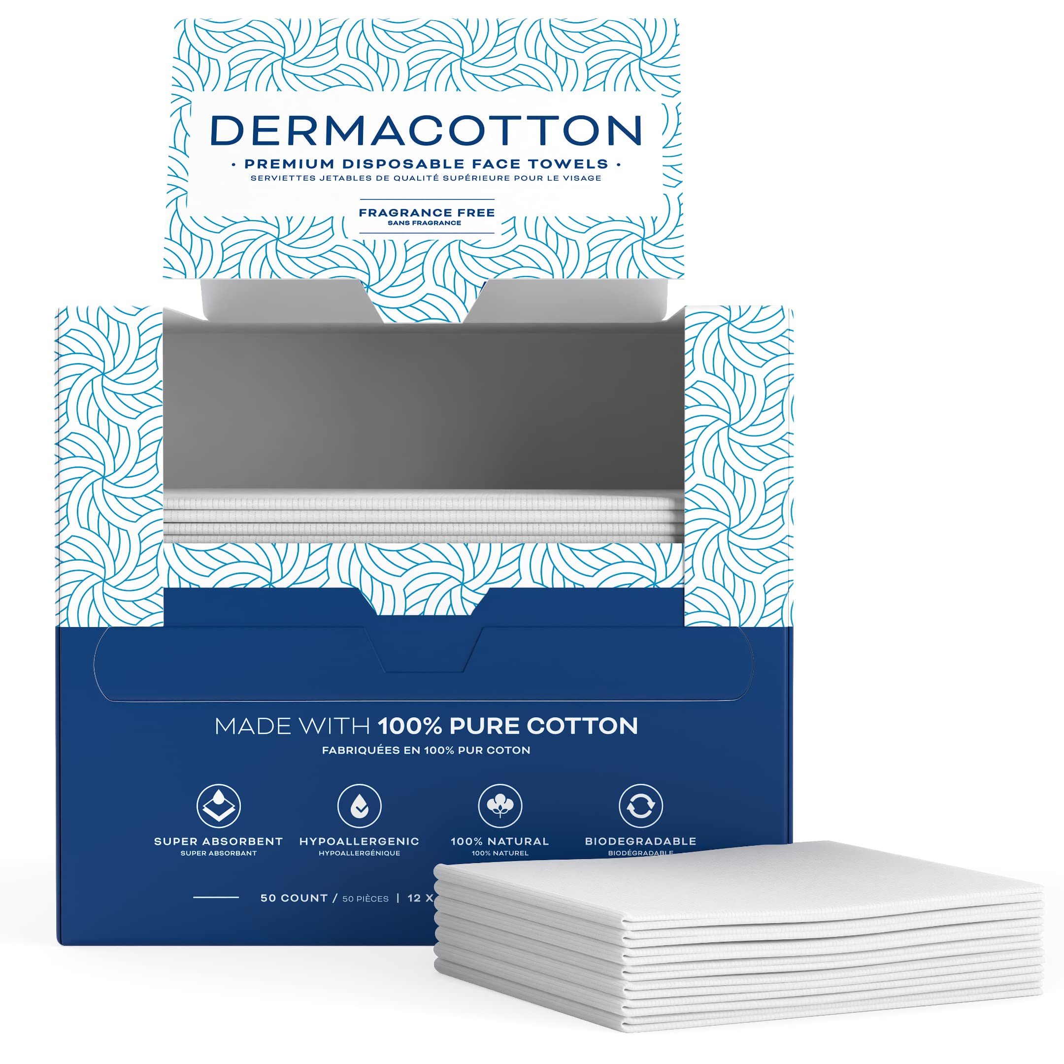 Dermacotton Disposable Cotton Face Towels β Super Soft Face Wipes, Hypoallergenic Makeup Remover Wipes, Suitable for All Skin Types Including Sensitive Skin β Biodegradable Facial Cloths (50 Pack)