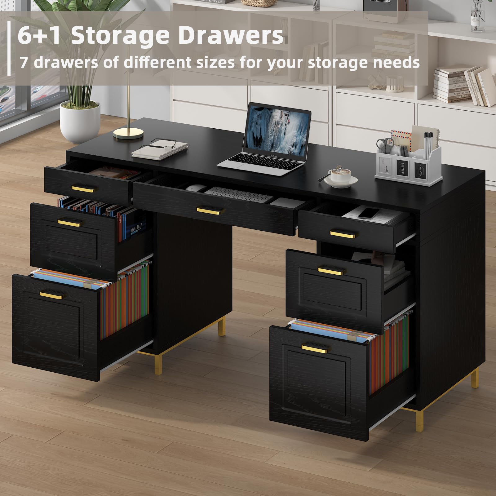 MaverickFurni Desk with 7 Drawers, 57 Inch Computer Desk with Storage, Desk with 2 File Drawers, Executive Desk for Home Office (Black and Gold)