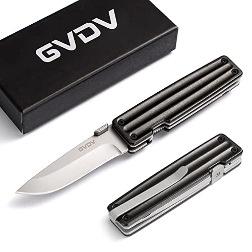GVDV Metal Pocket Folding Knife - 7Cr15 Stainless Steel Survival Knife, Tactical Knife for Camping Hunting Hiking with Safety Liner-Lock and Belt Clip, Gift for Men- Silver