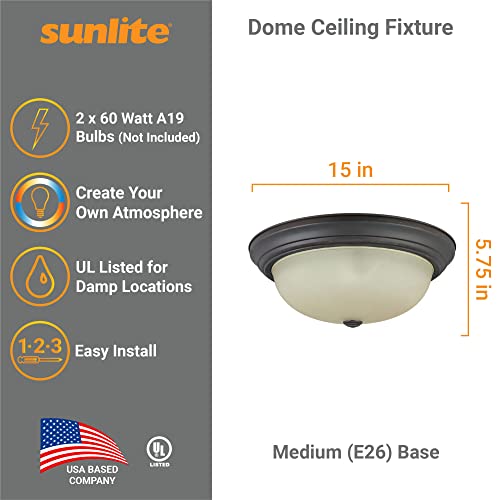 Sunlite 46083-SU Traditional Dome Ceiling Light Classic Decorative Flushmount, Tea-Stained Glass Shade, 60W A19 Bulbs (Not Included), for Bedroom, Hallways & Bathrooms, 16-Inch, Distressed Brown