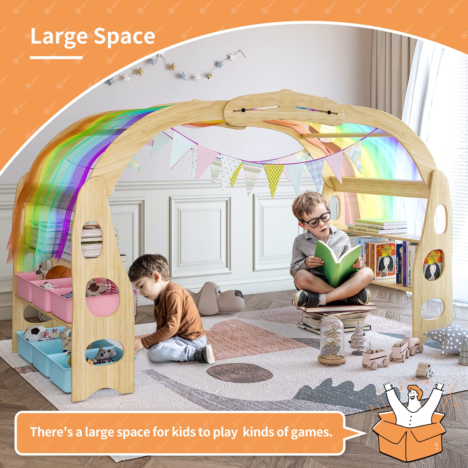 linor Indoor Playground for Kids in 3-12, Wooden Play Structures with Bookcase, Waldorf Playstand Arch with A Large Space for Reading, Storing, Playing, Great Gift for Kids (Wood)