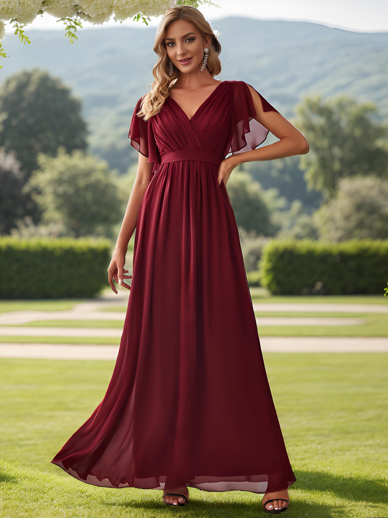 Ever-Pretty Women's Bridesmaid Dress V-Neck Ruffle Sleeves Ruched Bust Floor Length Chiffon Formal Dresses Burgundy US16