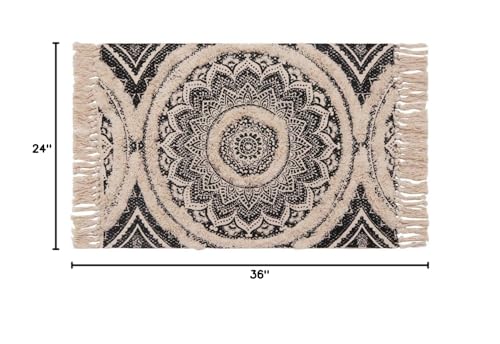 Seavish Tufted Cotton Rug, 2X3 Black Mandala Boho Rug, Hand Woven Bohemian Throw Rugs, Shag Accent Fringe Tassel Rug for Bedroom Bedside Kitchen, Laundry Room Rug