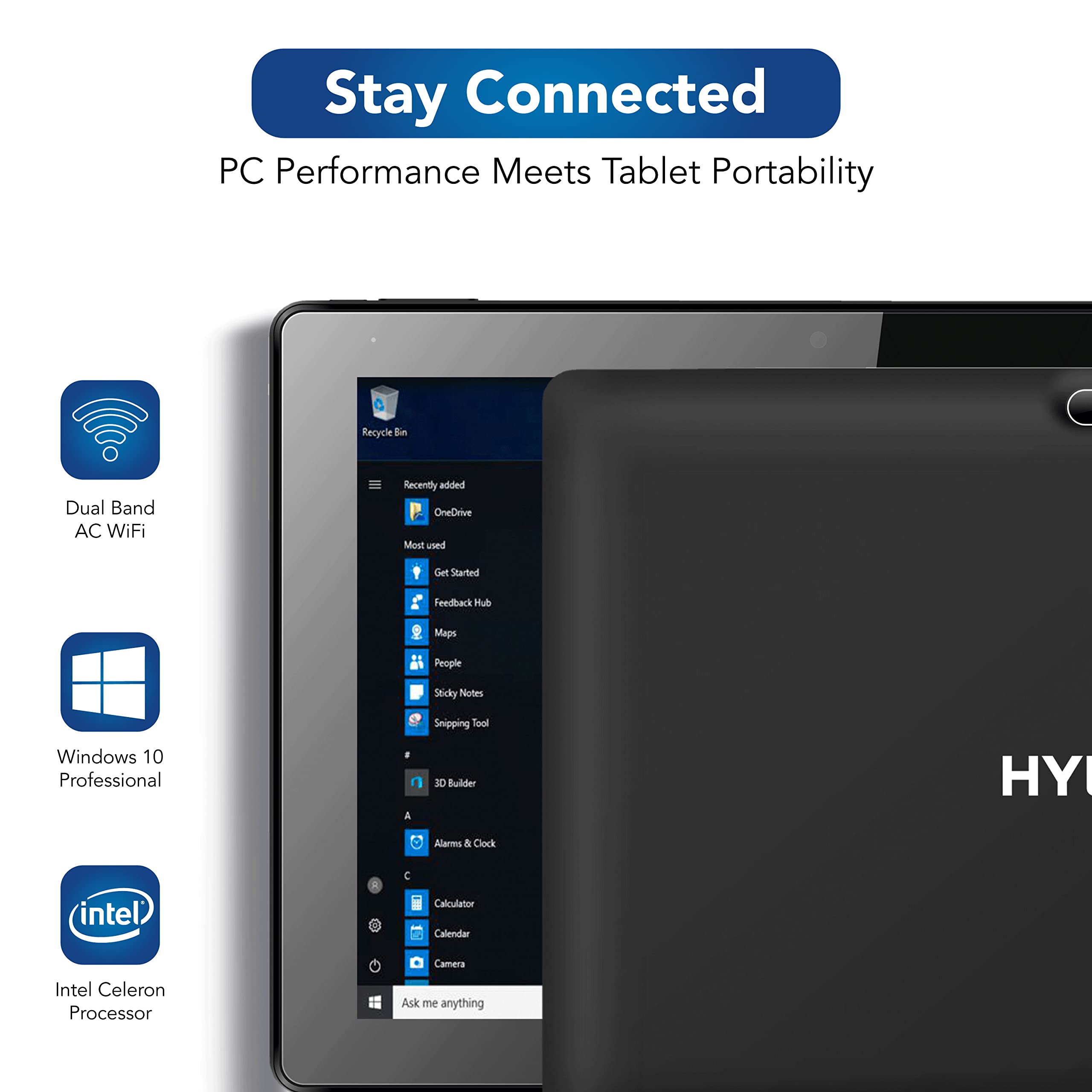 Hyundai HYtab Pro 10.1 Inch 2 in 1 Tablet Windows - FHD 1920 x 1200, Windows 10 Pro, 4GB RAM, 64GB Storage, Tablet with Keyboard Folio Case and Bluetooth Mouse, Black