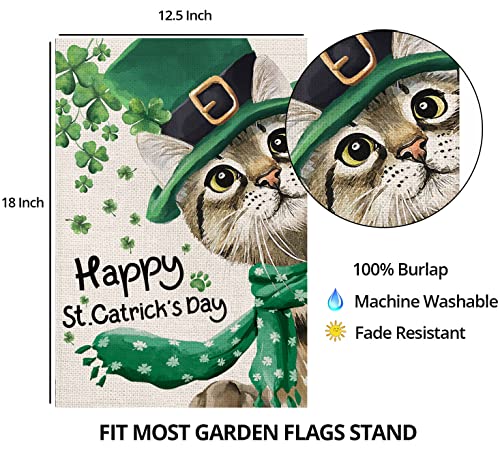 Happy St Patricks Day Garden Flag for Outdoor,Cat with Green Hat Scarf Shamrock Small Yard Flag,Spring Saint Patrick Decors for Outside Farmhouse Holiday 12x18 Double Sided