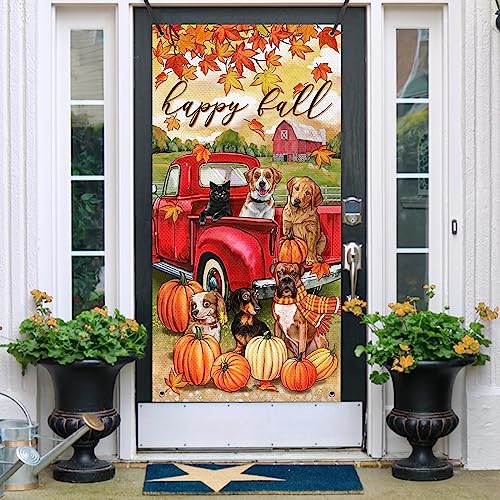 Deroro Happy Fall Dogs Cat Red Truck Door Cover Decorations, Autumn Pumpkin Maple Leaves Puppy Kitty Front Door Banner Background, Thanksgiving Farmhouse Indoor Outdoor Home Decor 3 x 6 FT