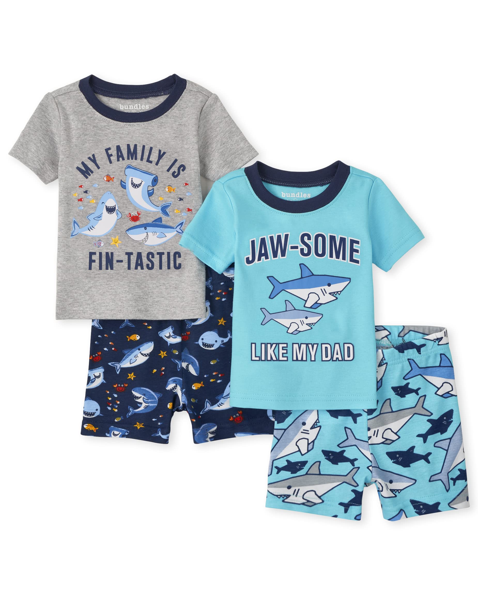 The Children's Place Baby-boy and Toddler Snug Fit 100% Cotton Sleeve Top and Shorts 4 Piece Pajama Set, Jawsome Sharks, 5T