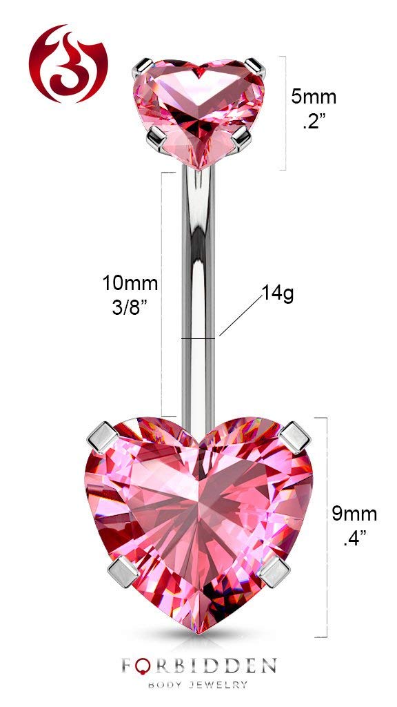 Forbidden Body Jewelry Surgical Steel Belly Button Ring with Heart CZ & Internally Threaded Matching Top, Pink