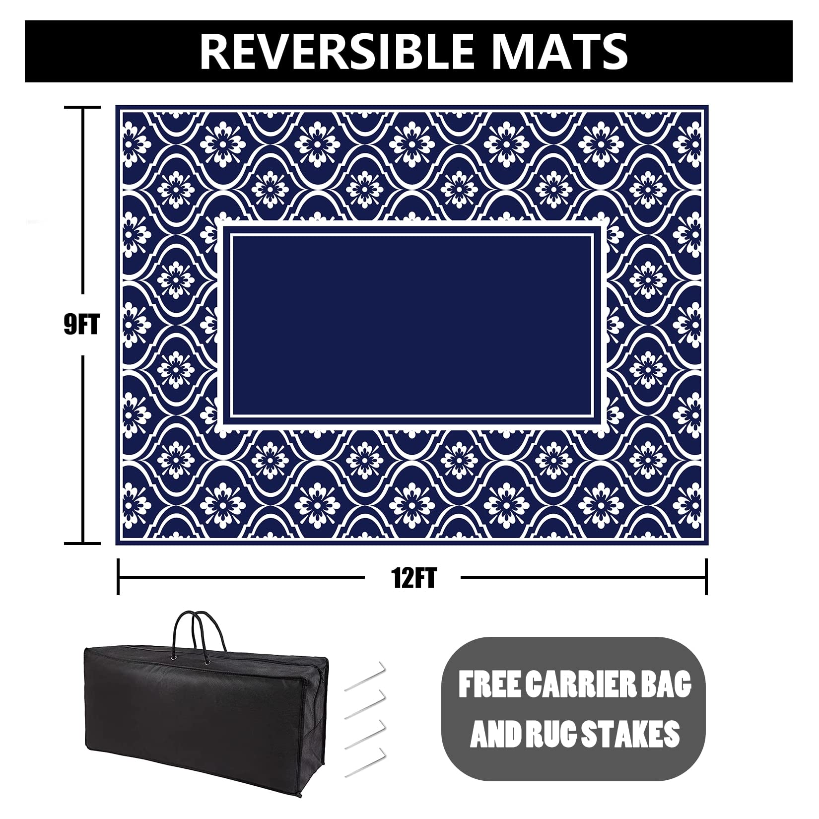 HUGEAR RV Outdoor Rug Waterproof Mat Outdoor Rugs 9'x12' for Patios Clearance Carpet Outdoor Camping Rugs Large Plastic Straw Rug (9x12ft Lantern Navy Blue&White)