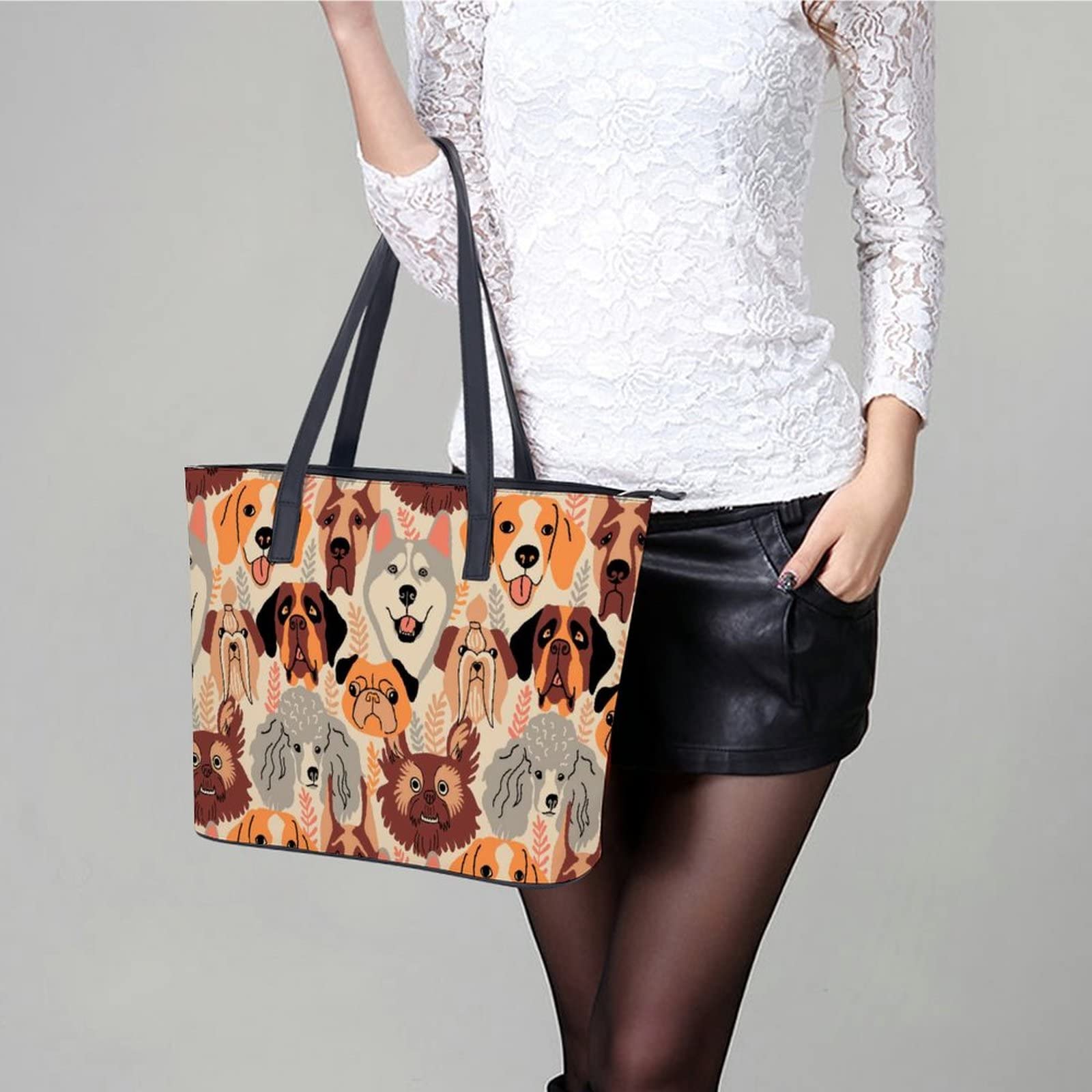 Funny Husky Beagle Women's Tote Bag PU Leather Shoulder Bag Handbags Purse For Work Shopping Travel
