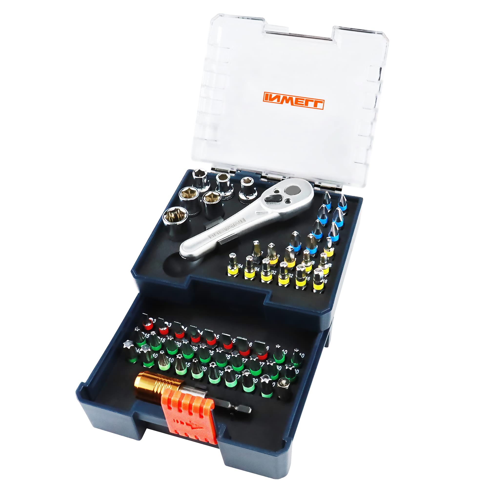 Inwell 58 Piece Screwdriver Bit Set | 1/4" Drive Mini Ratchet Wrench and Sockets Set | Premium S2 Material Driver Bits | Phillips,Slotted,Hex,Square,Trox,Tamper Proof Torx,Quick Release Bit Holder