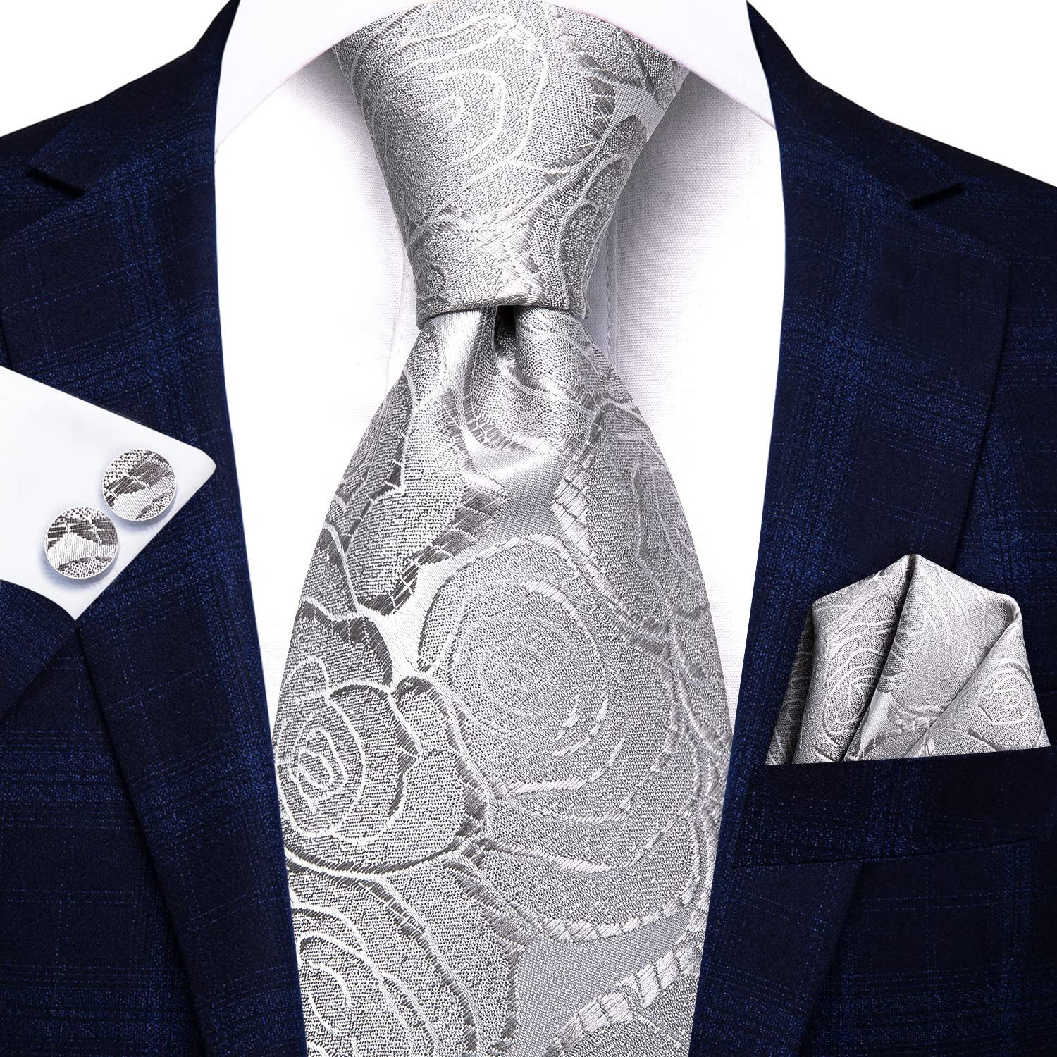 Dubulle Mens Silver Grey Floral Tie Silk Neckte and Hanky Cufflinks Set for Wedding