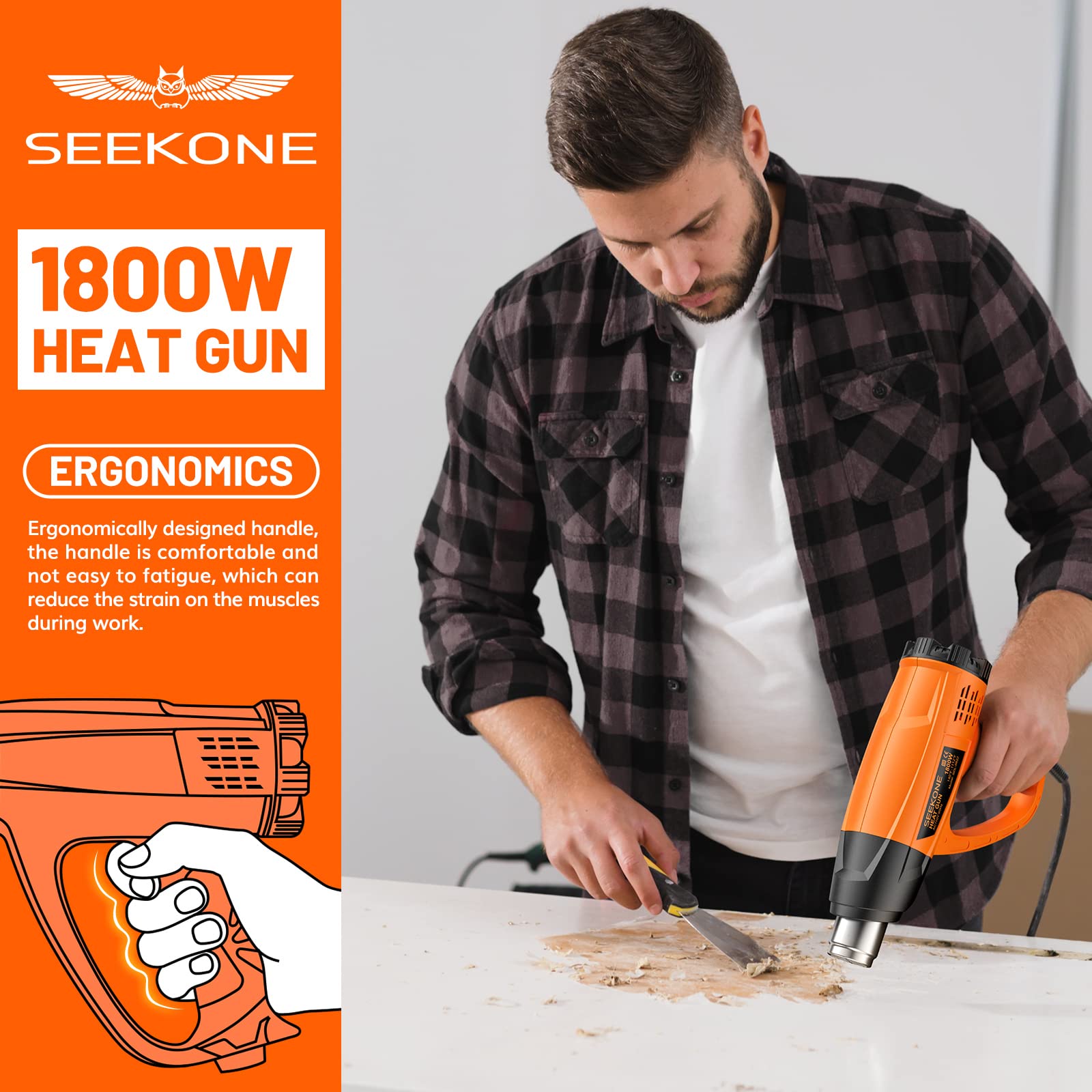 SEEKONE Heat Gun 1800W Heavy Duty Hot Air Gun Kit Variable Temp Control with 2-Temp Settings 7 Accessories 140℉-1112℉(60℃- 600℃)with Overheat Protection for Crafts, Shrinking PVC, Stripping Paint