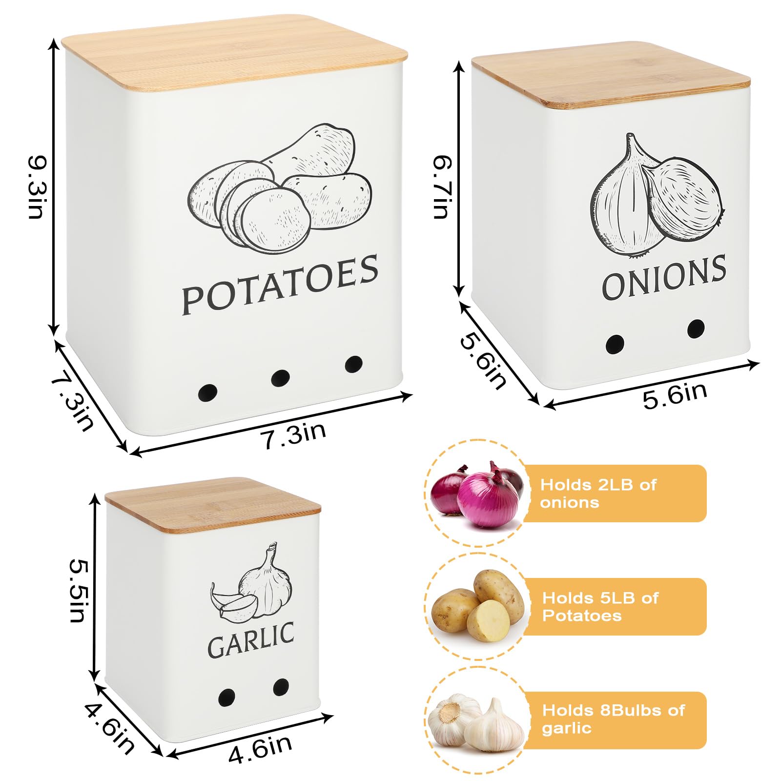 Moondust Wj 3 Pack Vegetable Storage Tins,Potatoes Storage,Metal Onion and Potato Storage Bins,Kitchen Potato and Onion Storage Bin,Onion Storage Containers with Aerating Holes and Wooden Lid.