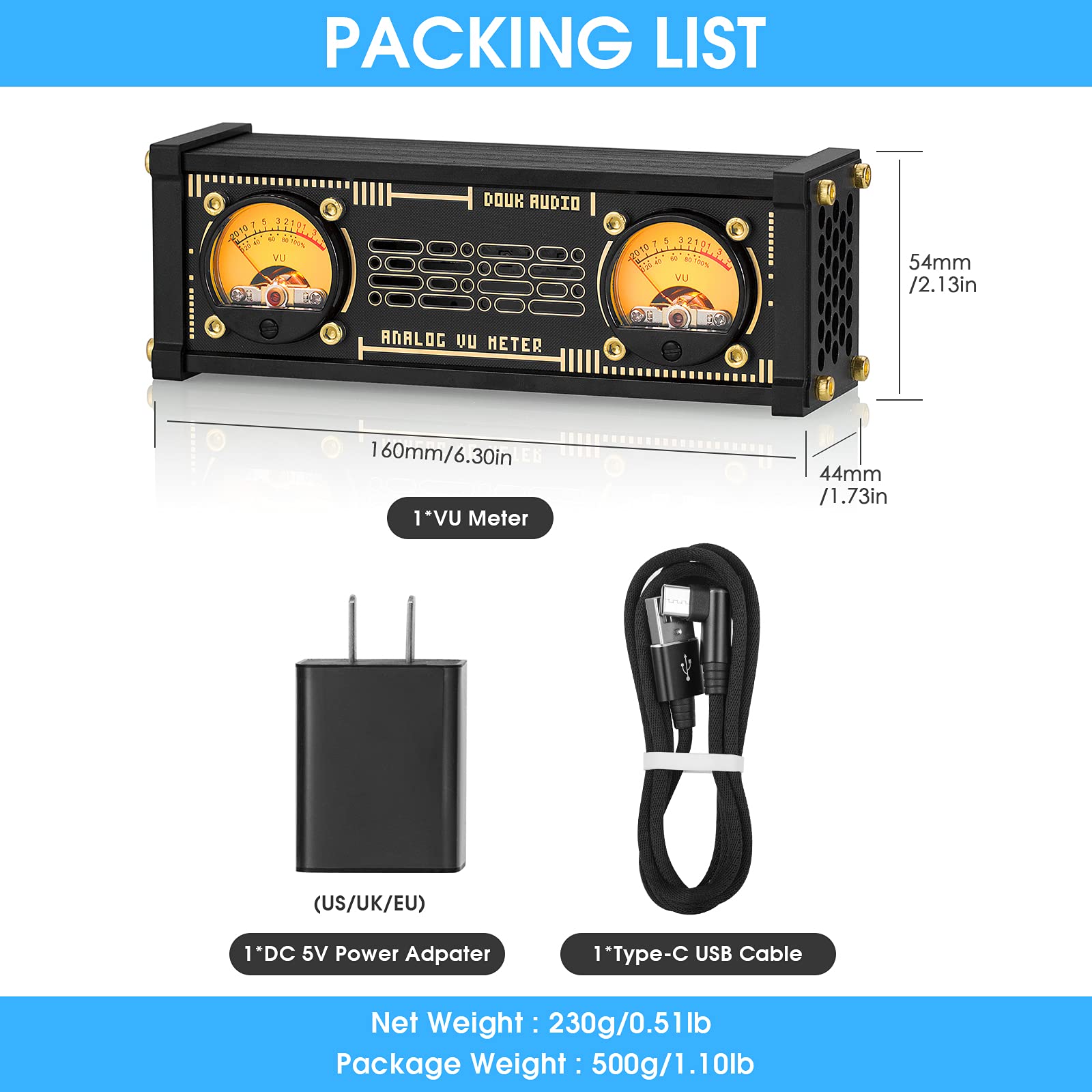 Douk Audio Retro Dual Analog VU Meter RGB Sound Level Indicator DB Panel Display
