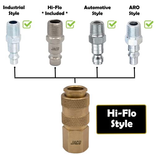 JACO Hi-Flo Quick Connect Air Hose Fittings - 1/4" NPT | High Flow Plug & Coupler Kit, Type V (Set of 12)