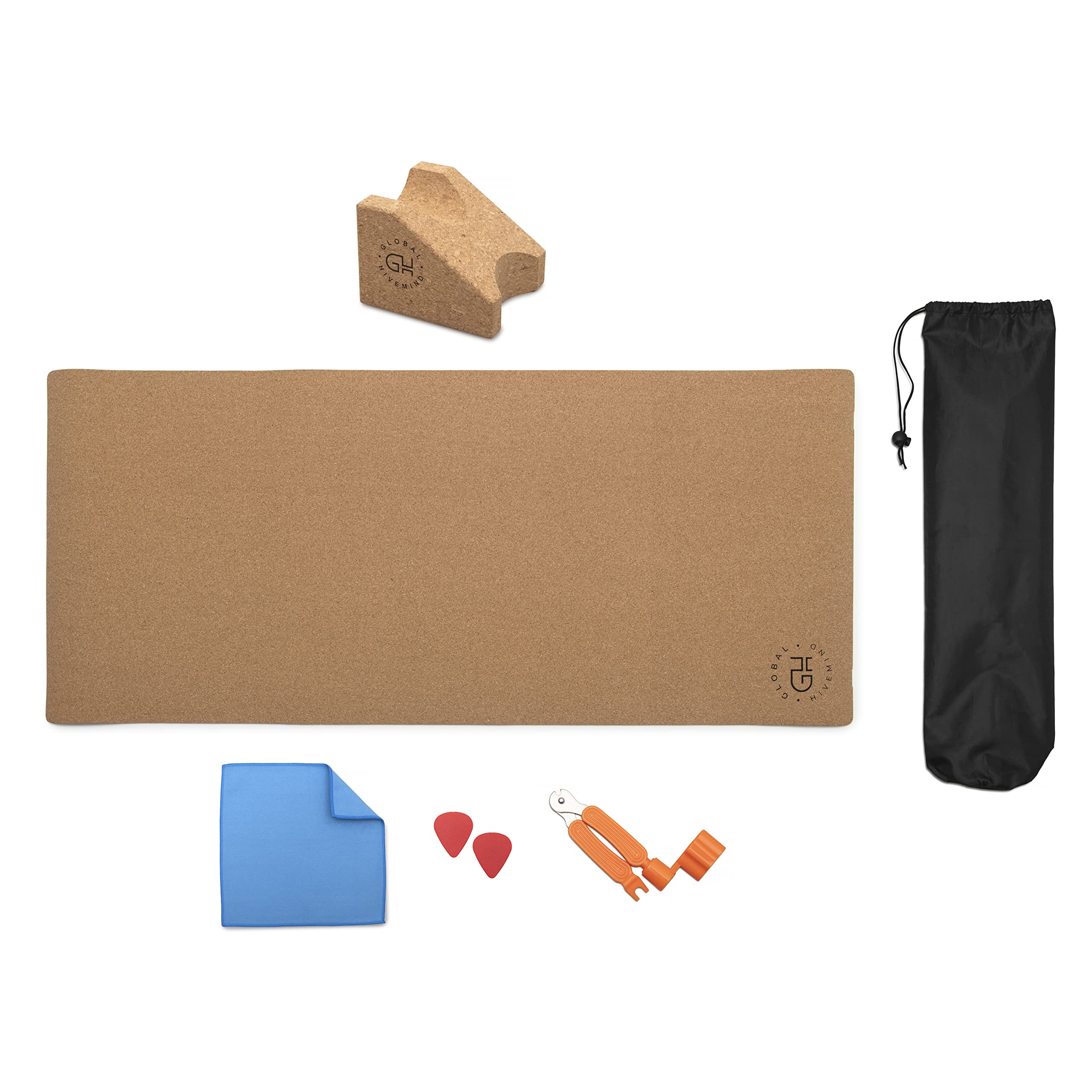 GLOBAL HIVEMIND Cork Guitar Work Mat and Neck Rest in Storage Bag - Complete with Picks, String Winding Tool and Polishing Cloth