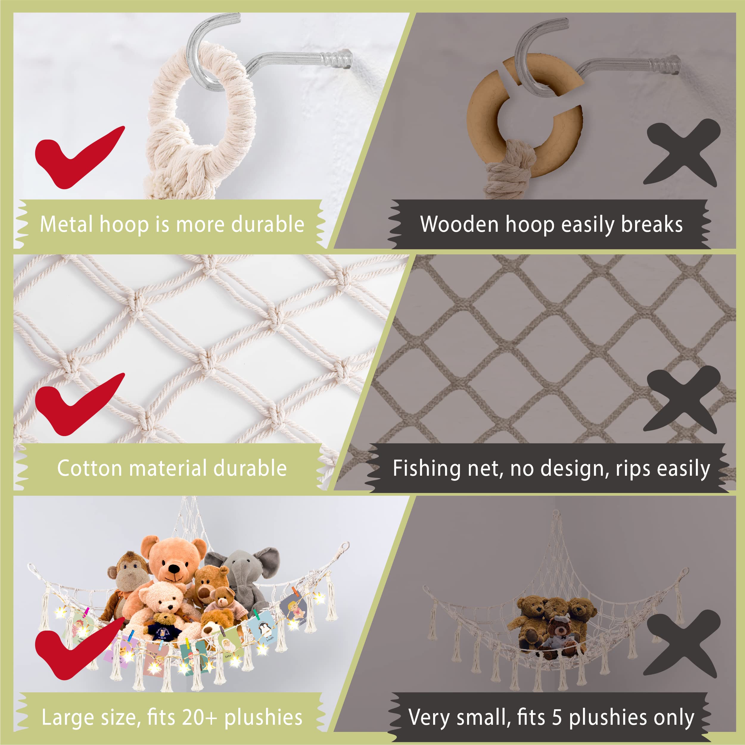 UNKENBO Stuffed Animal Storage Hammock - Macrame Toy Hammock with Photo Clips, Star String Lights, Space Saving Hanging Corner Stuffed Animal Net or Hammock, Boho Kids Bedroom Decor (Cream)