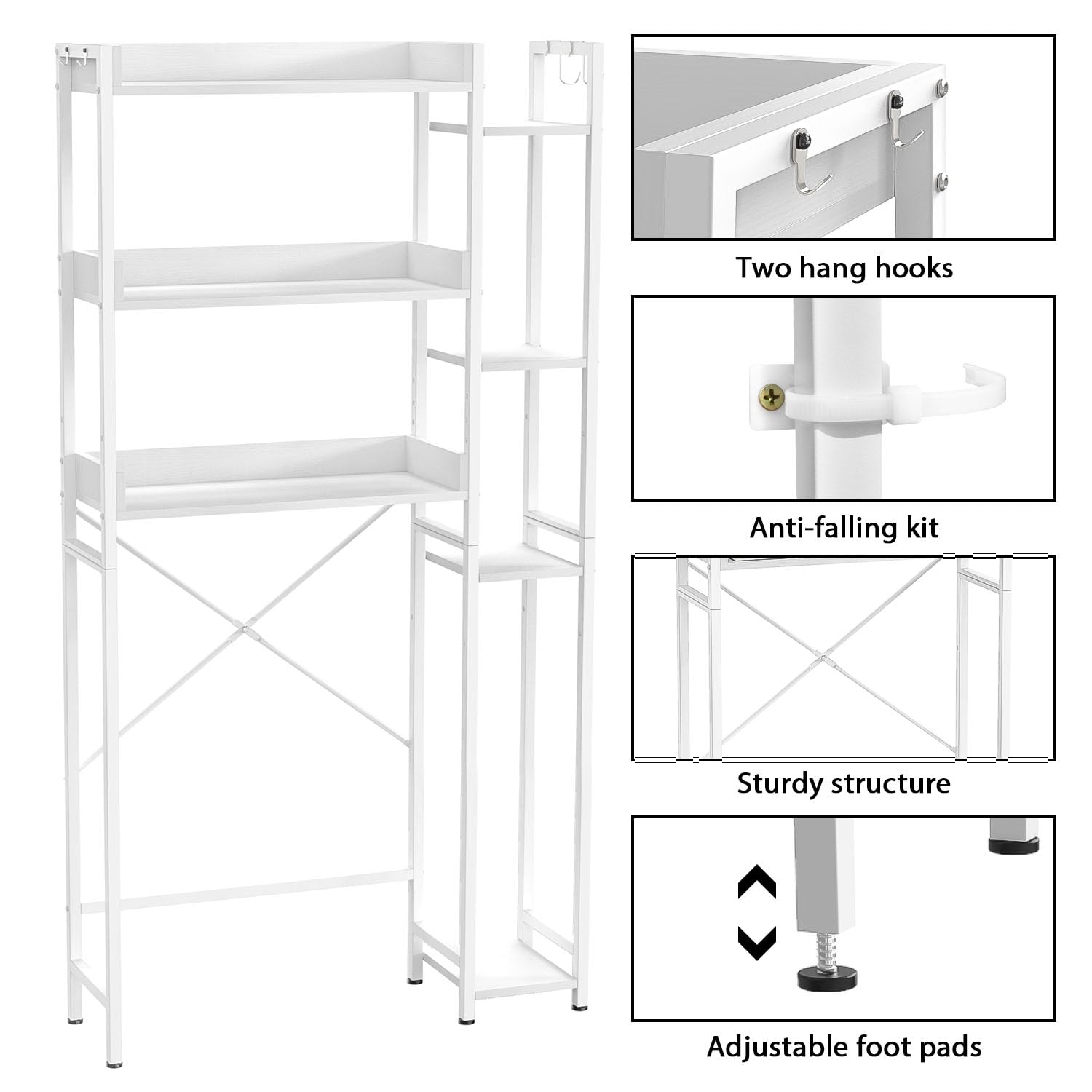 LWADALN Over The Toilet Storage Shelf, 7-Tier Bathroom Organizer Shelf, Freestanding Space Saver Storage Shelf with Two Fabric Drawers & Adjustable Feet, Toilet Rack for Bathroom, Restroom, Laundry