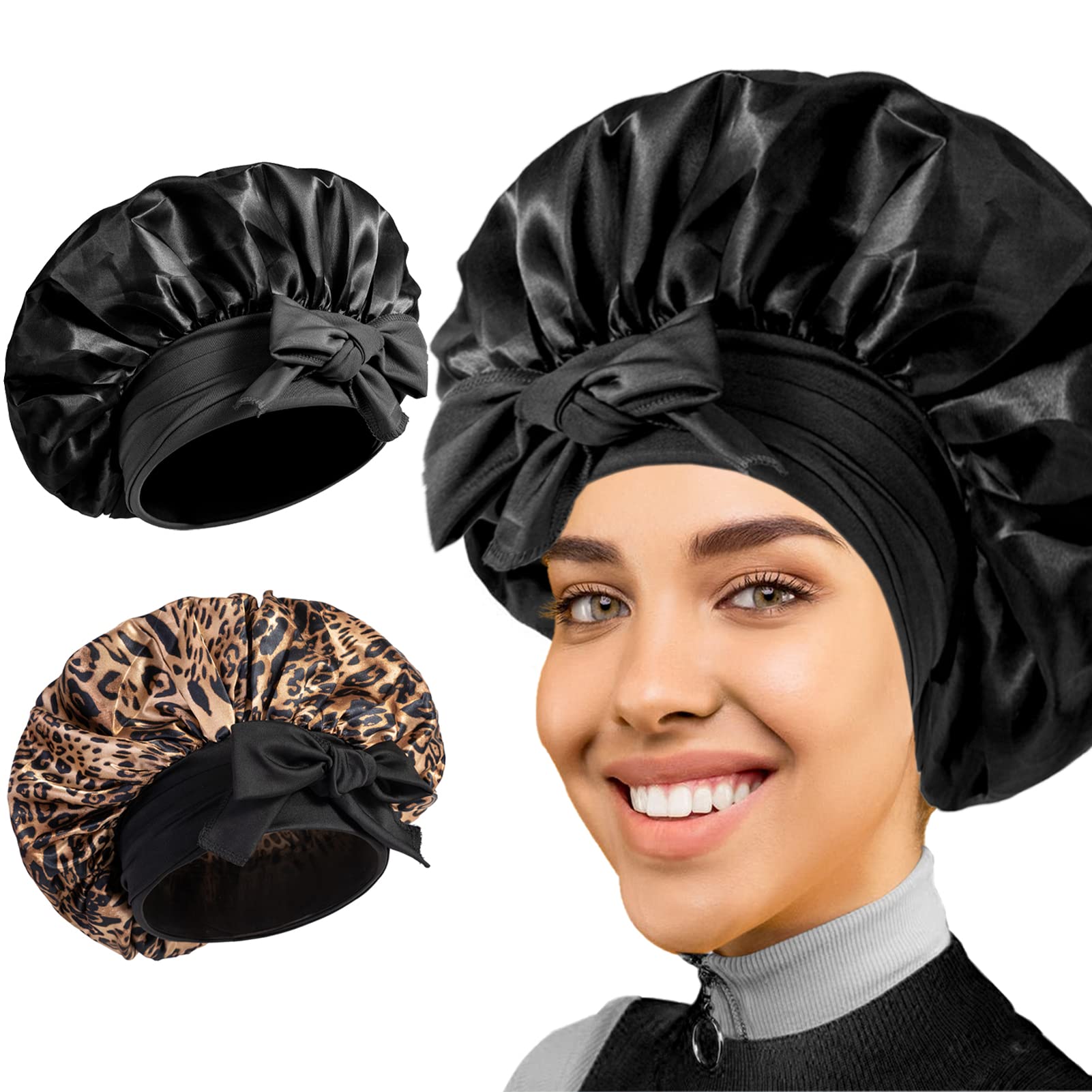 Women Satin Bonnet, Large Satin Bonnets for Braids Jumbo Size Silk Bonnet For Sleeping, Black Women Hair Bonnet with Stretchy Tie Band Sleep Bonnet Cap for Long Curly Hair Braid (Black & Leopard)