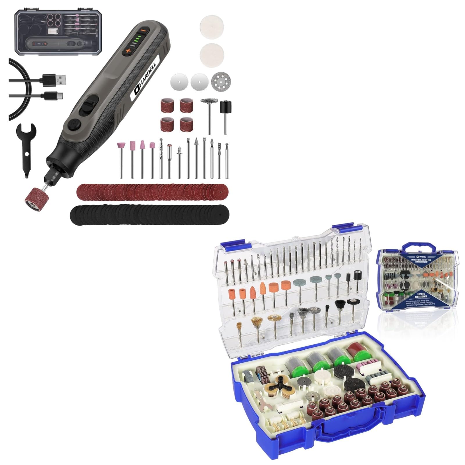 HARDELL Cordless Rotary Tool, 2.0Ah 4V Rotary Tool Kit 25000RPM & HARDELL 282Pcs Rotary Tool Accessories Kit