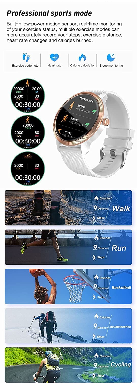Women Smart Watch Man Heart Rate Blood Pressure,Step Counting,Information Call Reminder Health Monitor,White