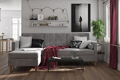 DHP Hartford Storage Sectional Futon with Interchangeable Chaise, Space-saving Design with Multi-position Back, Wooden Legs, Light Grey Chenille