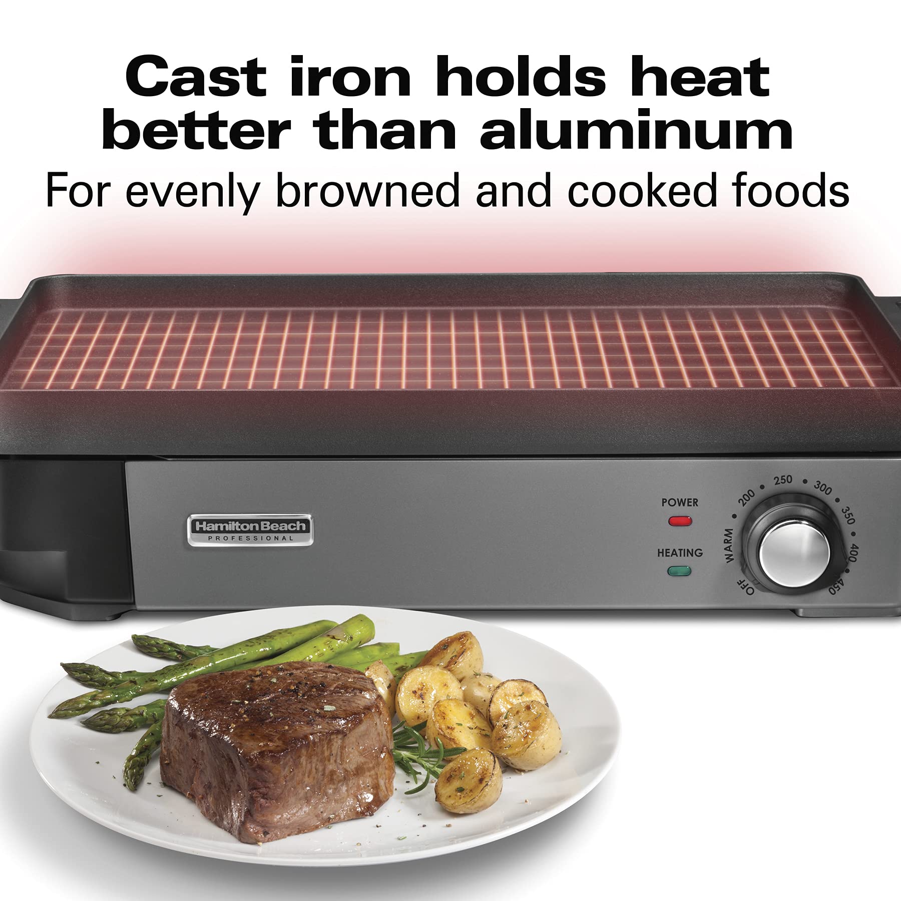 Hamilton Beach Professional Cast Iron Indoor Electric Grill & Griddle, 10" x 16" Preseasoned Cooking Surface, Adjustable Temperature up to 450° F, Black (38560)