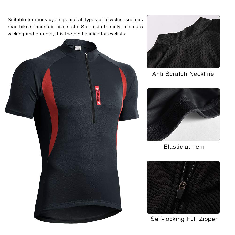 FEIXIANG Men's Cycling Bike Jersey Short Sleeve Moisture Wicking Breathable Biking Shirts with 3 Rear Pocket Black