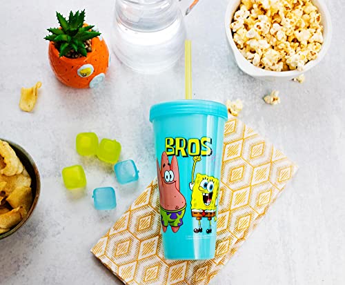 SpongeBob SquarePants "Bros" Color-Changing Plastic Travel Tumbler | Includes Reusable Straw, Leak-Resistant Lid, Fake Ice Cubes | Holds 24 Ounces
