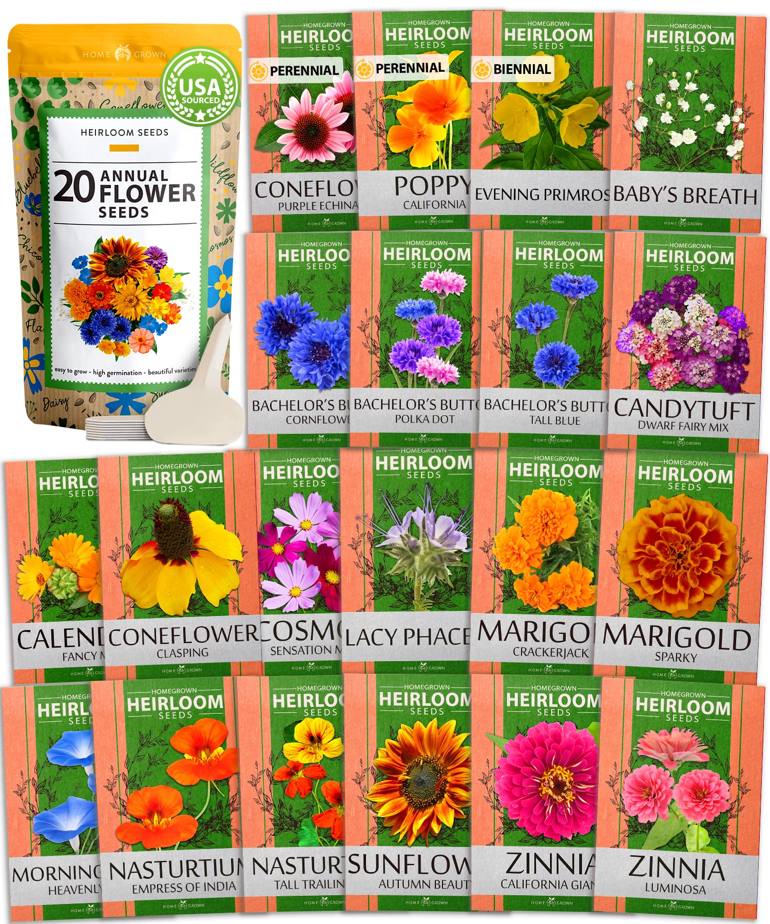 HOME GROWN 20 Flower Seeds Variety Pack - Individual Flowers Seeds for Planting | Flower Seeds Packs for Planting Outside & Indoors