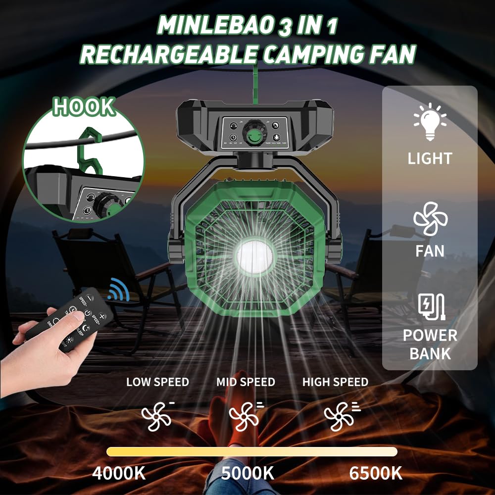 Minlebao Portable Camping Fan with LED Lantern,20000mAh Battery Operated,7-In Rechargeable Fan,Remote Control & Strong Hook & Rotate Head,8 Adjustable Speed, Tent FanTable Fan for Camping Fishing