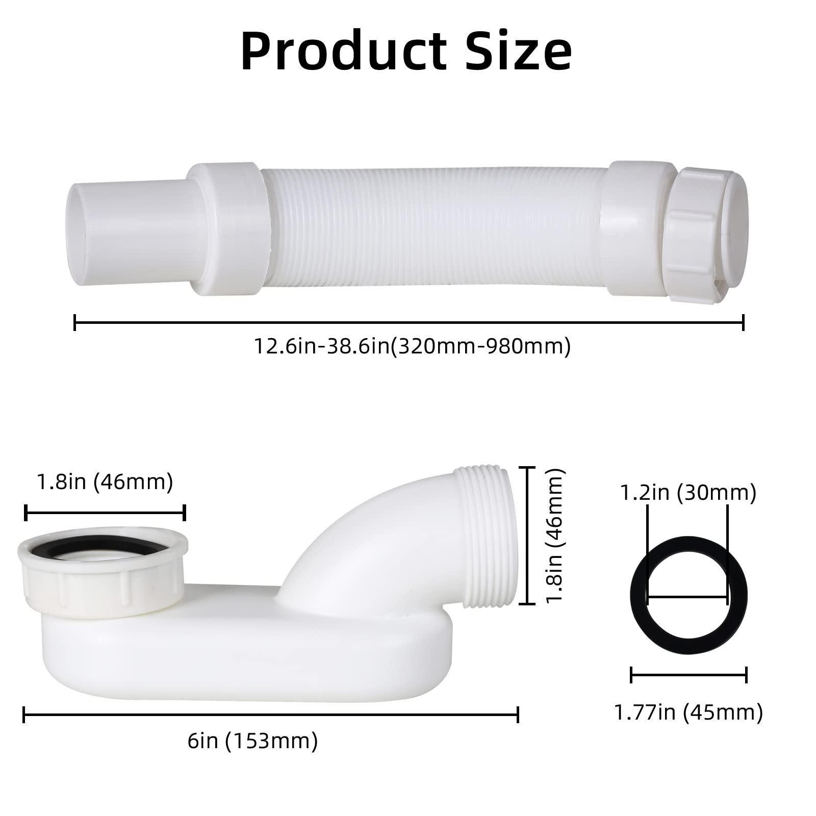 Flexible Freestanding Tub Drain Kit - Low Profile Flat P Trap for Bathtub Shower Drain Pipe - 1 1/2 inch Diameter