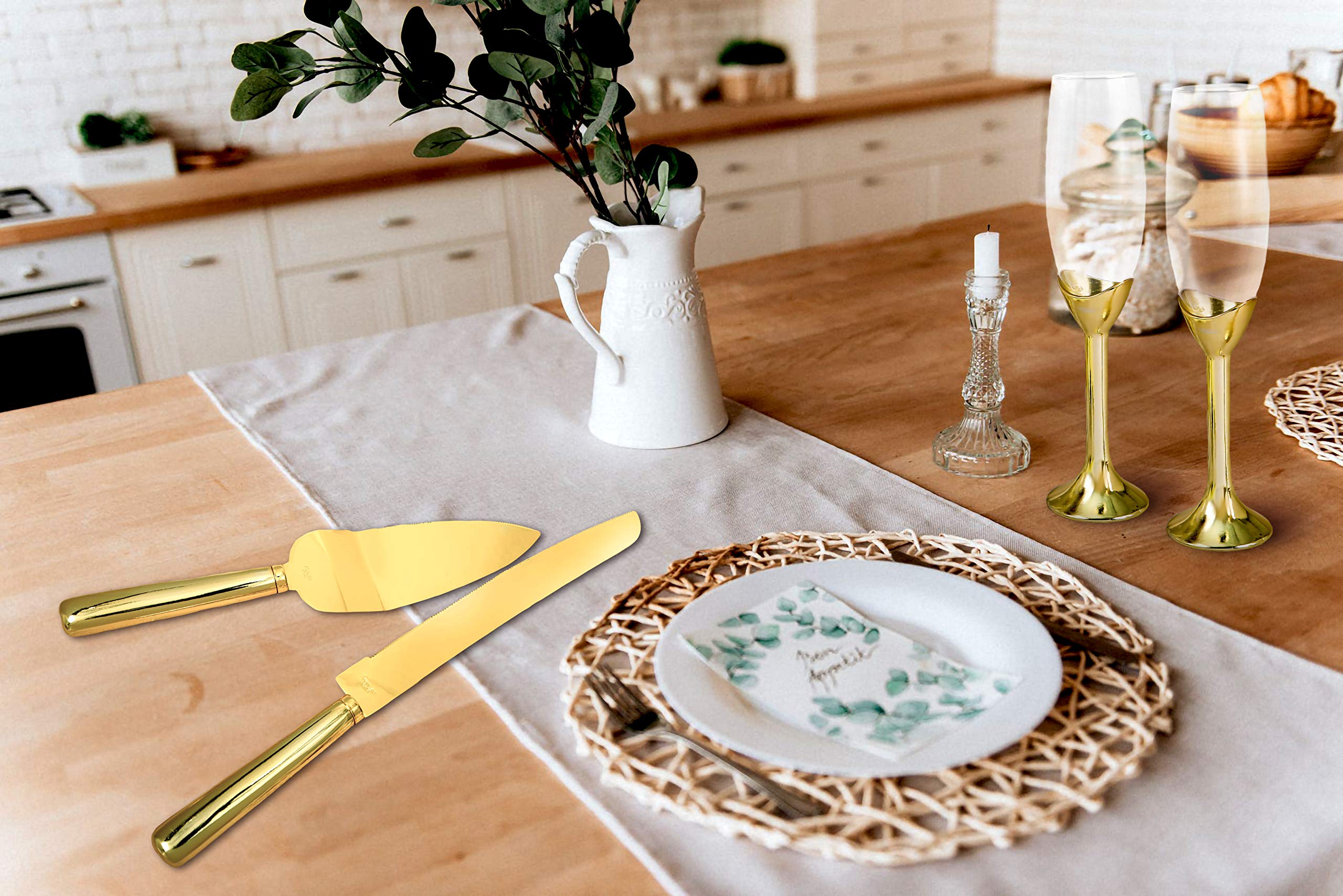 FASHIONCRAFT Elegant Glasses with Cake Knife and Server 4 Piece Set, Gold