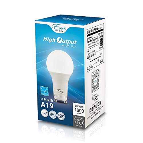 Euri Lighting EA19-14W1150eGV, LED Multi-Volt 120-277V A19, 14W (100W Equivalent), 5000K (Cool White) GU24 Base, Damp Rated, UL & Energy Star, 3YR 15K HR Warranty