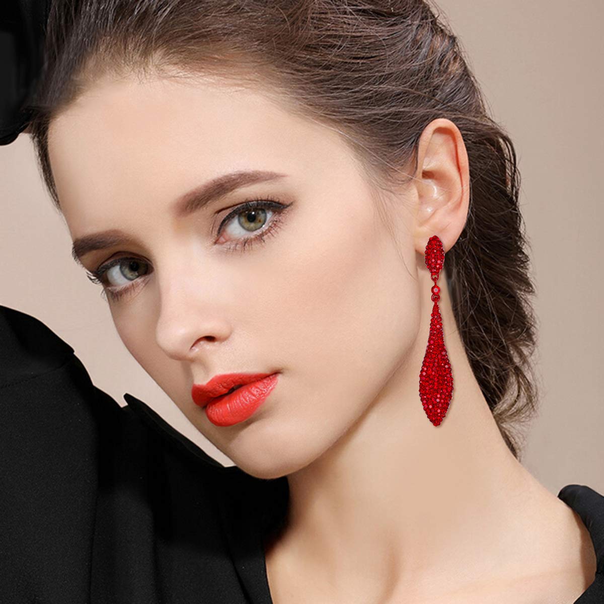 EVER FAITH Women's Austrian Crystal Double Waterdrop Bridal Pierced Dangle Earrings Red Red-Tone