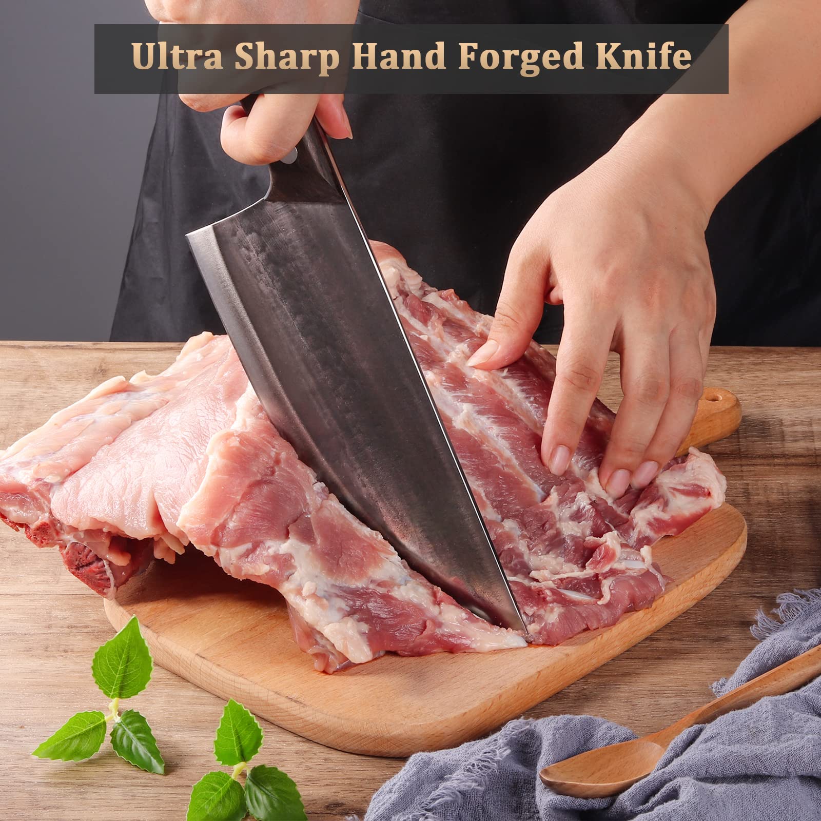 HolaFolks Chef Knife, Anti-Rust Oil Coating Dividing Knife Boning Knife Hand Forged High Carbon Steel Butcher Knife For BBQ Home Kitchen Restaurant Cooking Camping