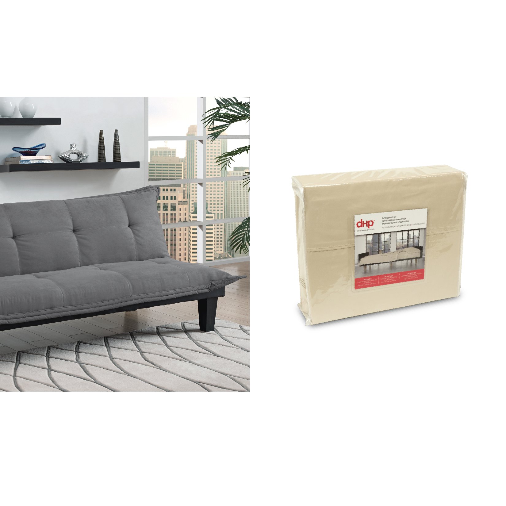 DHP Lodge Convertible Futon Couch Bed, Gray, and Futon Sheet Set, Beige