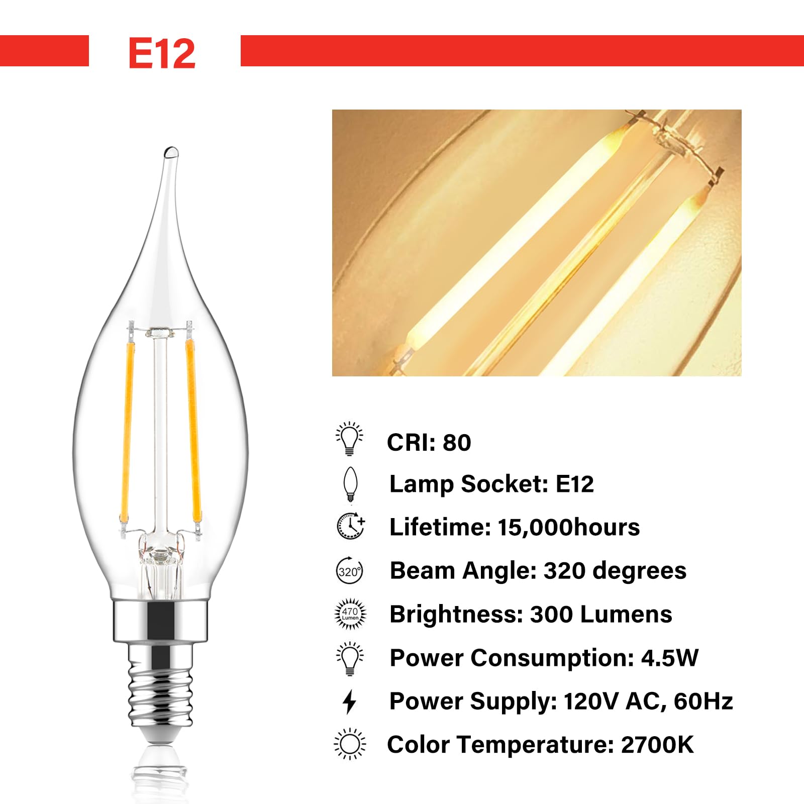 Sengled E12 Candelabra Bulb 60W Equivalent LED Chandelier Light Bulbs, 5W Dimmable E12 LED Bulb, 2700K Soft White 450LM Candelabra Base, Flame Tip Candle Light Bulbs, 12 Packs