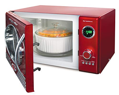 Nostalgia RMO4RR Retro Large 0.9 cu ft, 800-Watt Countertop Microwave Oven, 12 Pre-Programmed Cooking Settings, Digital Clock, Easy Clean Interior, Metallic Red