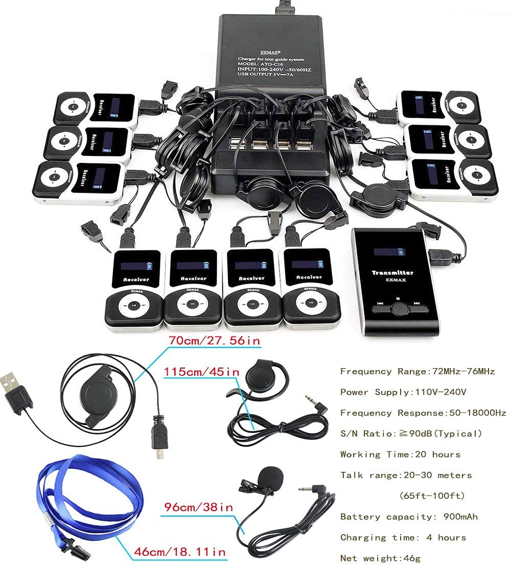 EXMAX® EX-100 Wireless Tour Guide System Microphone Earphone Audio Transmission for Church Translation Interpreting Silent Lecture Meeting City Tour (1 Transmitter 5 Receivers 16-ports Charging Base)