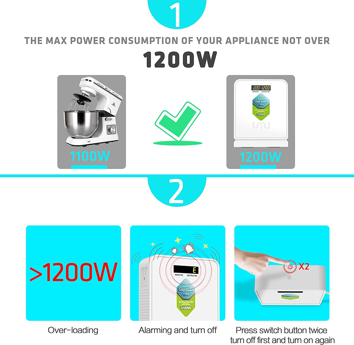 UMI 1200W 2000W Step Down Voltage 220v to 110v Converter, Heavy Duty Power Converter 220V to 110V, Good Transformer for Overseas, Step Down Converter 220V to 110V - US to Europe Voltage Converte