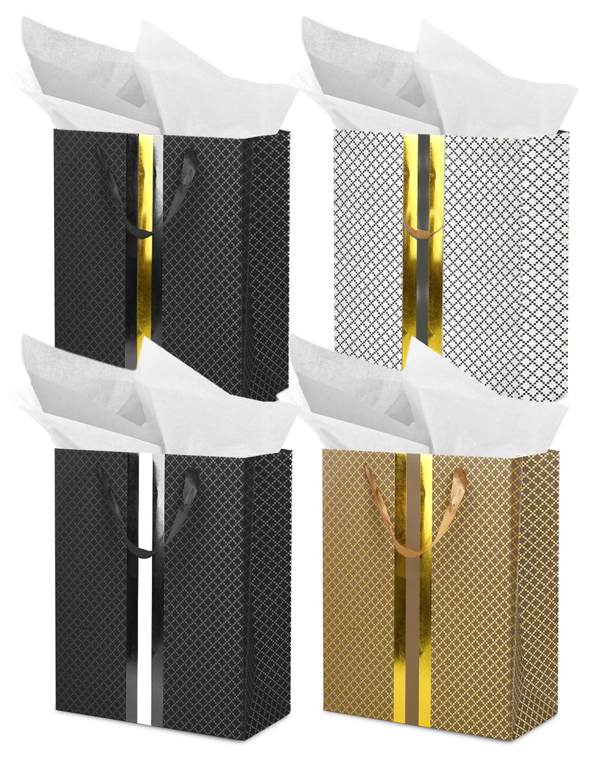 RACHELLE'S Elegant & Classy Paper Gift Bag Assortment with Tissue Paper â 4 Pack of Premium Quality & Sturdy Large Bags Great for Birthdays, Anniversaries, Christmas, Father's Day, Holidays â Black,